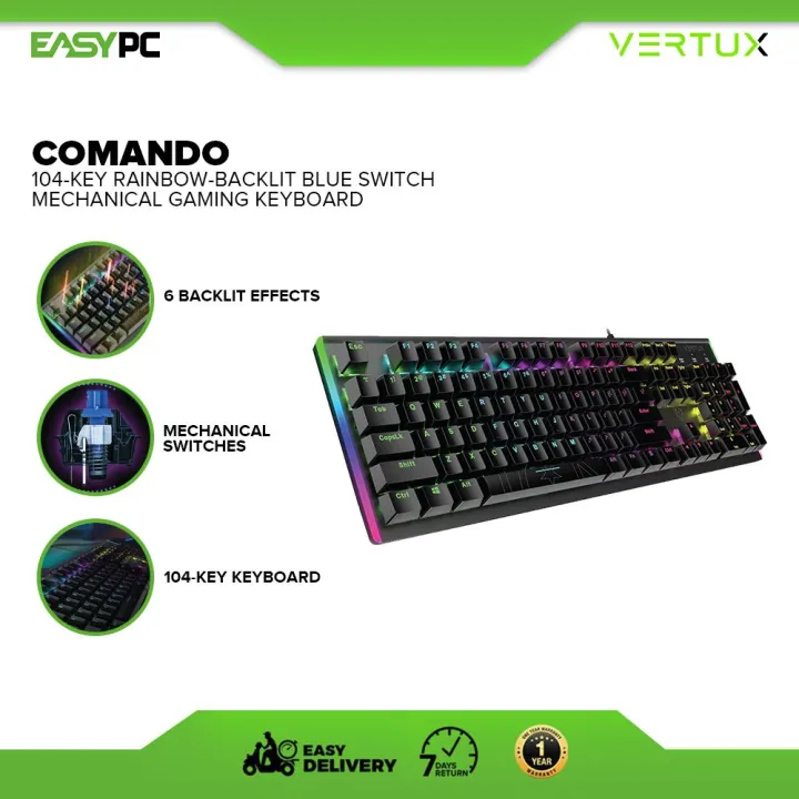 Vertux Comando 104-Key Rainbow-Backlit Mechanical Gaming Keyboard-Blue ...