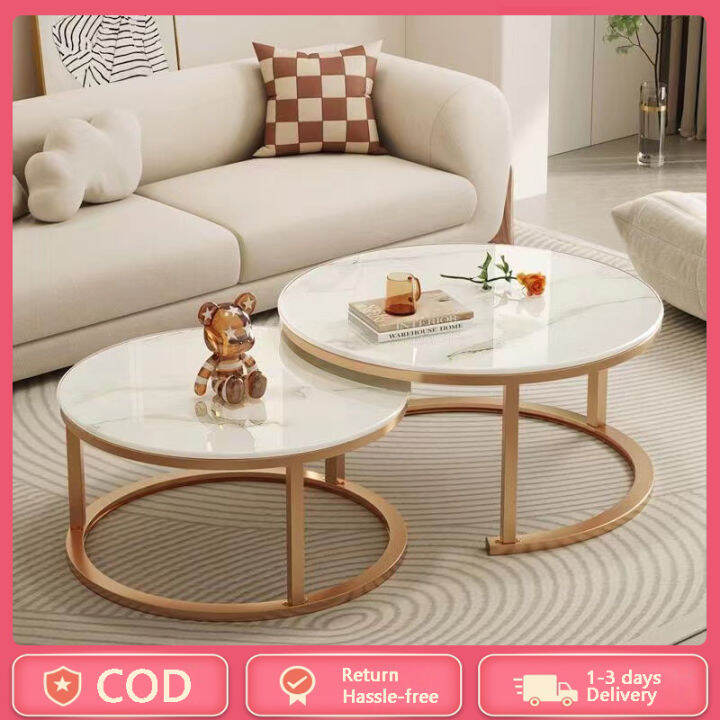 Modern coffee table, round metal center table, double layer, living ...