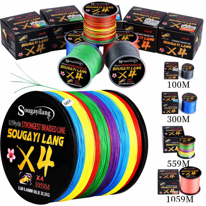Sougayilang Fishing Line 100m/300m/559m/1059m PE Braided 5 Colors X4 Strand Fishing Line 18-66LB ...