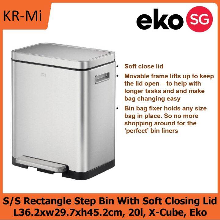 Eko X-Cube Stainless Steel Rectangle Step Bin With Soft Closing Lid 20L | Lazada Singapore