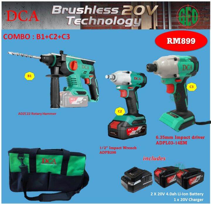 DCA Brushless Power Tools Combo : Rotary Hammer / Hammer Drill / Angle ...