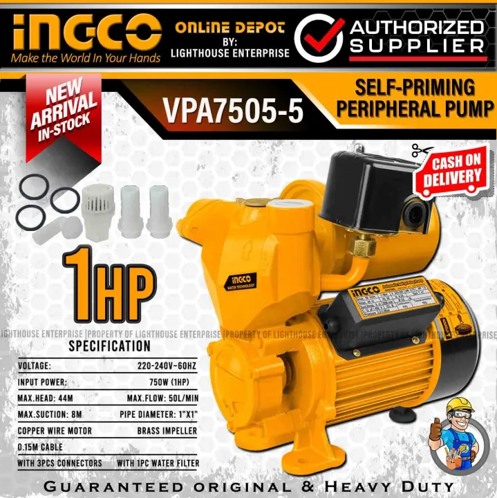 INGCO 750W 1HP Self Priming Peripheral Pump/Booster Pump w/ Bladder ...