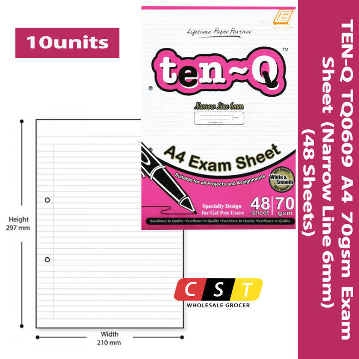 TEN-Q TQ0609 A4 70g Writing Paper Exam Sheet (Narrow Line)(48 Sheets) X 10 Units | Lazada