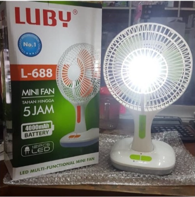 Kipas mini meja charger + Lampu Emergency LED Luby L-688 (tahan hingga ...