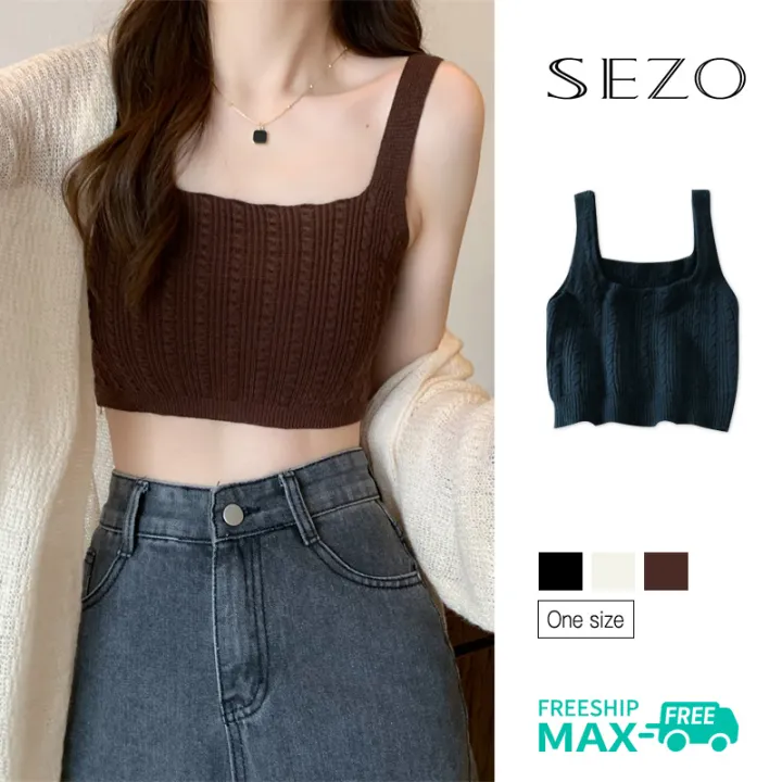 เสื้อครอปถักเสื้อกล้ามถักสำหรับผู้หญิง Sezo สไตล์เกาหลี | Lazada.co.th