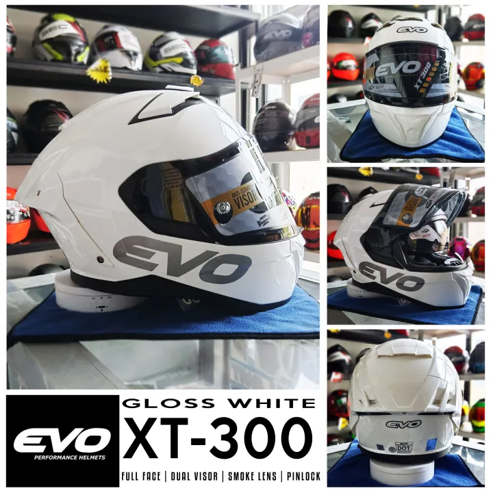 EVO XT 300 Fullface Dual Visor Helmet Pearl Gloss White with Free Extra ...