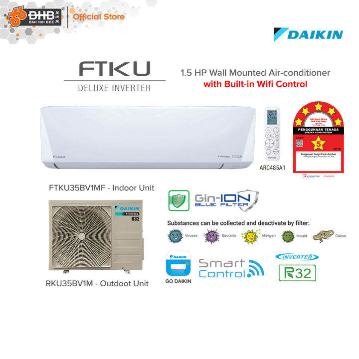 Daikin FTKU35BV1MF 1.5 HP Wall Mounted Deluxe Inverter Air-conditioner with Built-in Wifi ...