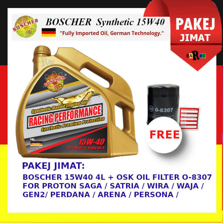 BaRRu Pakej Tukar Minyak Hitam Proton Boscher Synthetic Based Engine Oil 15W40 SN/CJ4 4Liters ...
