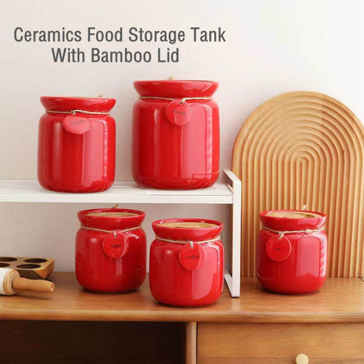 Tank Bottle Sealed Jar Nordic Ceramic Jar With Bamboo Lid Round Storage ...