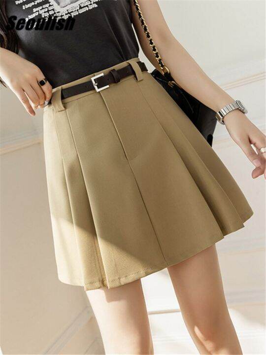 Seoulish Spring Summer Solid Elegant Sexy Mini Skirts with Belted 2022 New High Waist Pleated ...
