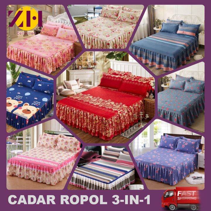 ZH Cadar Ropol Fitted 3IN1 King Queen Super Single Bed Sheet Kain Tebal ...