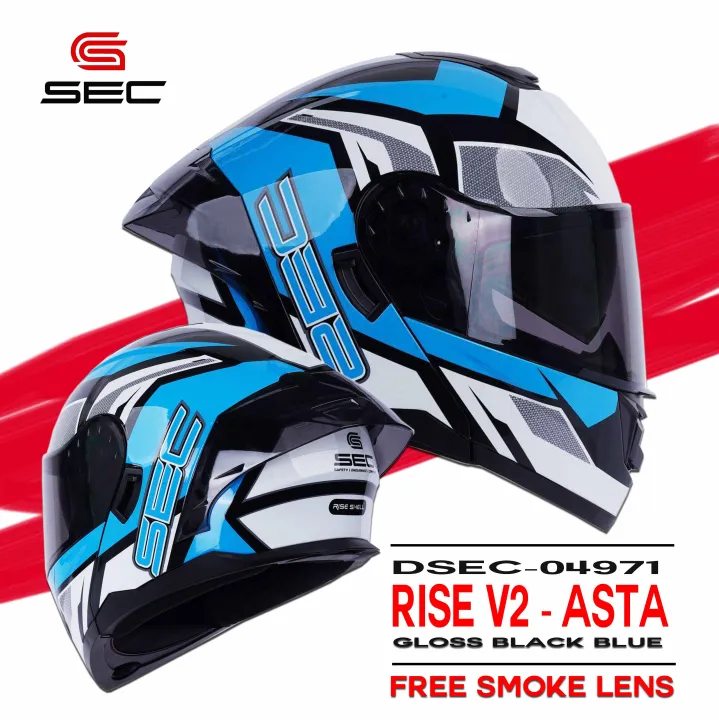 SEC Rise V2 Asta Modular Dual Visor Helmet Gloss Black Blue DSEC-04971 ...