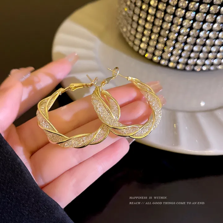 HUMOK เกาหลีใหม่ S925ต่างหูเงินตาข่ายออกแบบบิดคริสตัลกลวงออกต่างหูหญิง ...