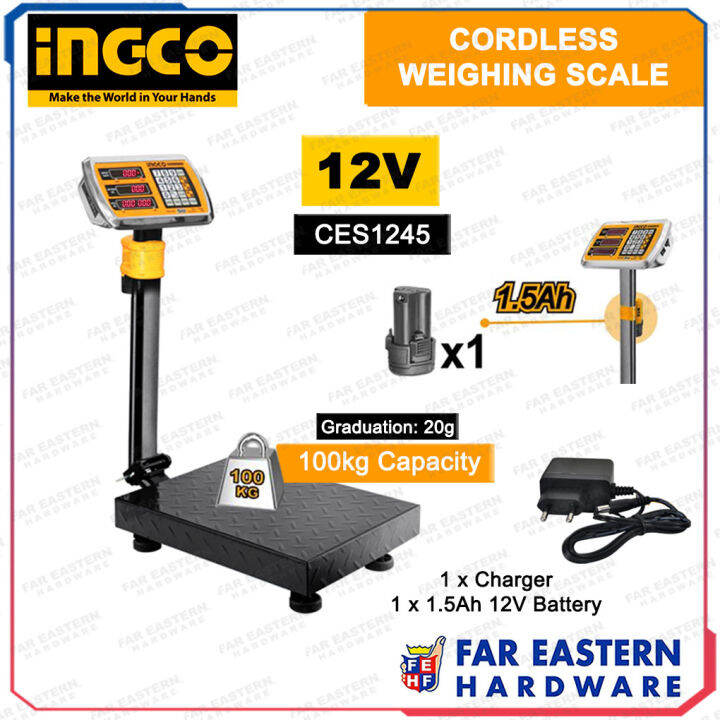 INGCO Cordless Weighing Scale Digital 12V 100kg w/ Battery & Charger ...