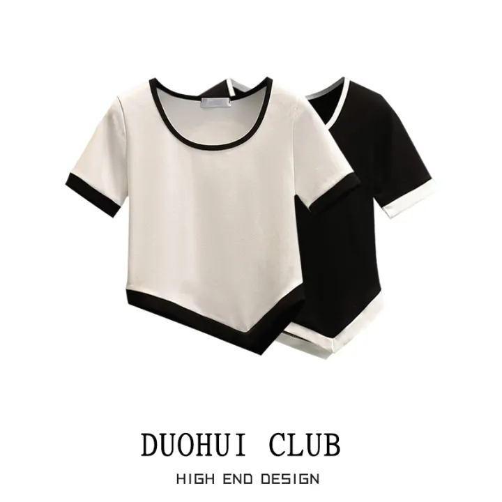DUOHUI เสื้อยืดแขนแขนสั้นคอกลมแบบไม่สม่ำเสมอดีไซน์สีความเปรียบต่างแบบ ...