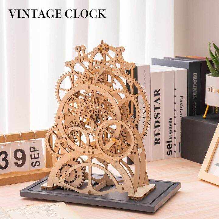 Robotime 3D Assembly Puzzles Wooden Mechanical Gears Decor Laser-Cut Pendulum Clock Model Kit ...