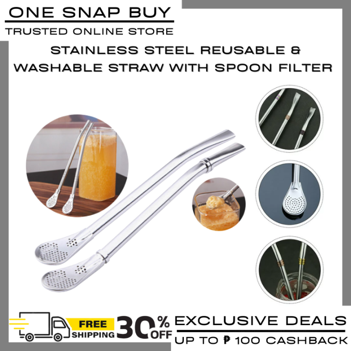 Reusable Washable Straw with Spoon Filter Stainless Steel Drinking ...