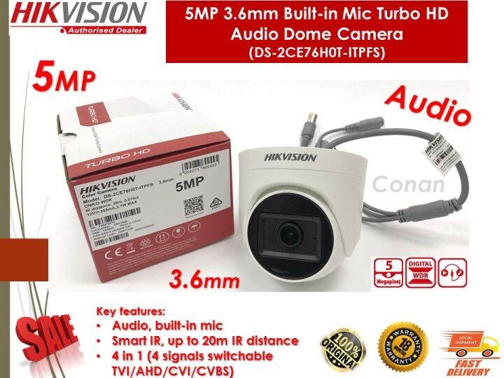 HIKVISION 5MP Dome Camera (DS-2CE76H0T-ITPFS) 5MP 3.6mm Built-in Mic ...