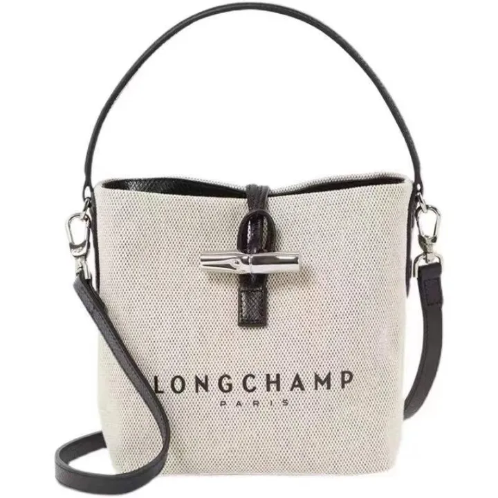 Longchamp กระเป๋าผ้าใบทรงถัง,กระเป๋าไม้ไผ่แบบมือถือ,สะพายไหล่เดียวสำหรับผู้หญิง,น้ำหนักเบา,ความ ...