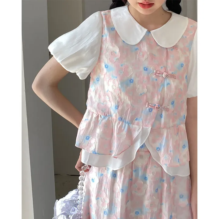 [2ชิ้น] Coconie Sweet Retro ชุดสตรีใหม่สไตล์จีนปลอม2ชิ้นพัฟแขนเสื้อ ...