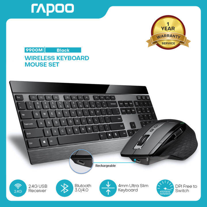 Rapoo 9900M Multi Device(Bluetooth 3.0/4.0/2.4G) Wireless Keyboard and Mouse Combo, Easy-Connect ...