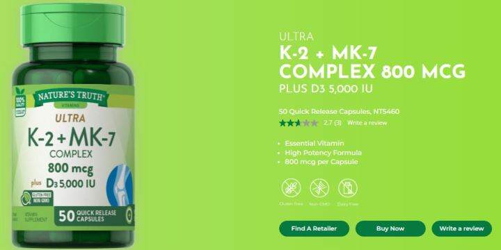 Nature's Truth K2 + Mk7 Complex 800mcg + D3 5000IU 50 Capsules | Lazada PH