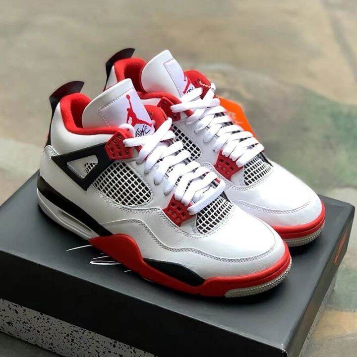 AJ4เปลวไฟสีแดงย้อนยุคเบาะลมรองเท้าบาสเกตบอลโจ4แกะสลักใหม่ทุกการแข่งขัน ...