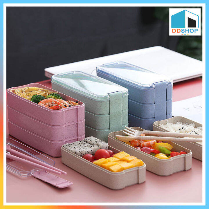 DDSHOP กล่องอาหาร ปิ่นโต 3 ชั้น พร้อมช้อนส้อม ช่องแบ่งสัดส่วนปรับได้ กล่องใส่อาหาร กล่องข้าว ดี ...