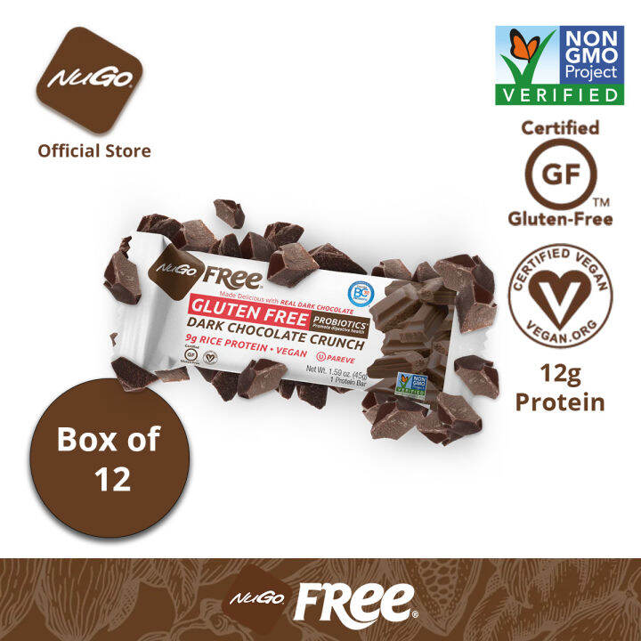 NuGo Vegan Gluten Free Dark Chocolate Crunch 9g High Protein x 12 bars ...