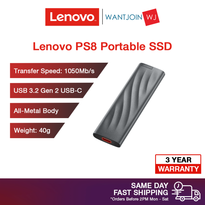 Lenovo PS8 Portable SSD - Read 1050 MB/s | write 1000 MB/s - USB 3.2 Gen 2 - USB-C - 40g ...