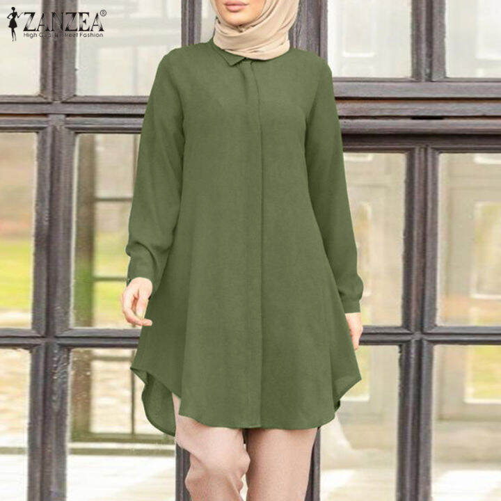 Zanzea Muslimah Women Muslim Solid Blouse Top Causal Long Sleeve High