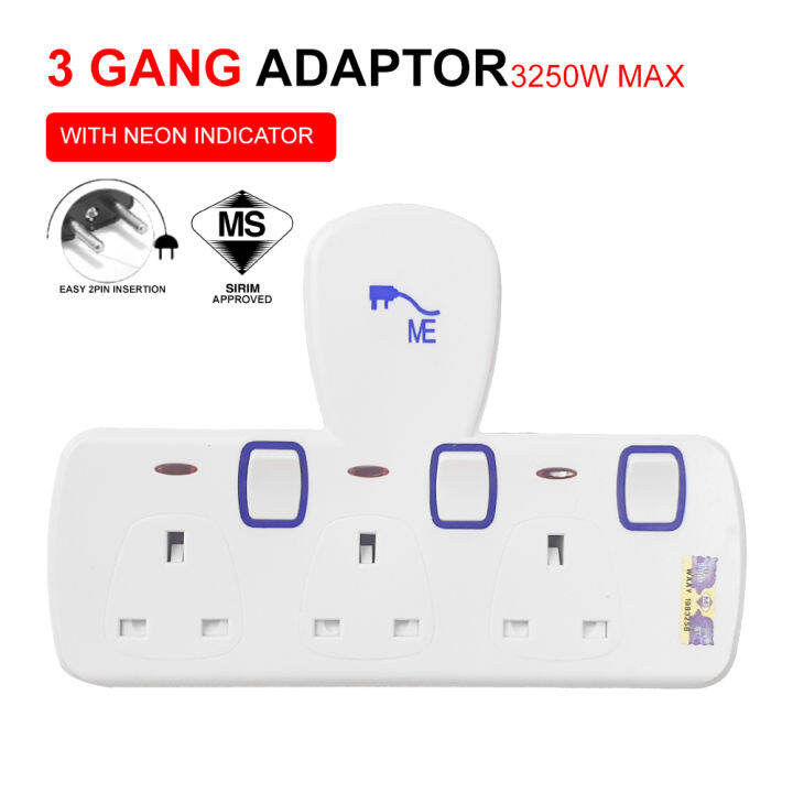 3 Gang Adaptor 3250W Max Load with neon indicator and Sirim Approved ...