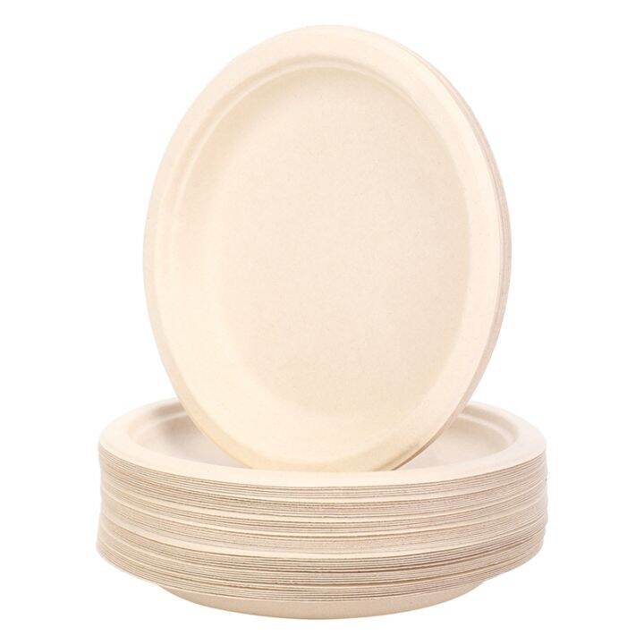 100 Pack 7in Compostable Disposable Round Bagasse Paper Plates ...