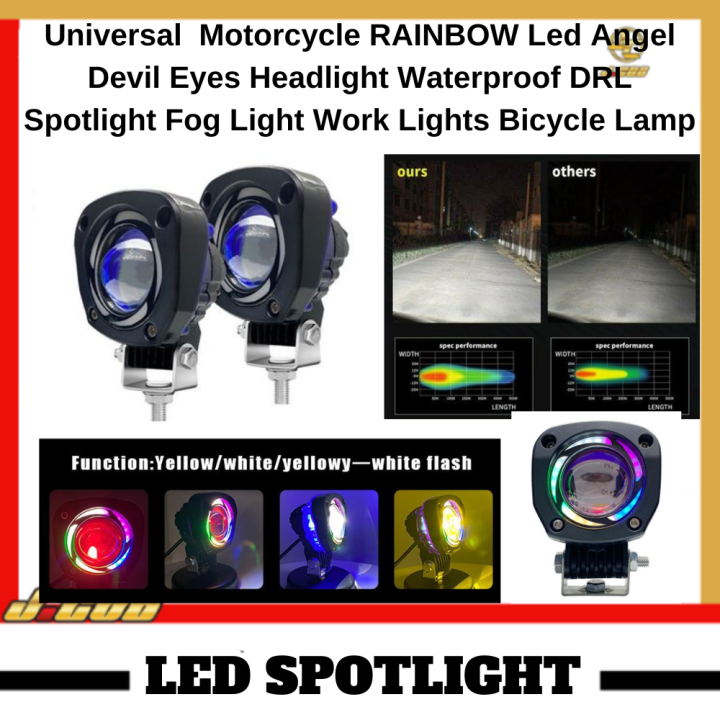 Universal Motorcycle RAINBOW Led Angel Devil Eyes Headlight Waterproof ...