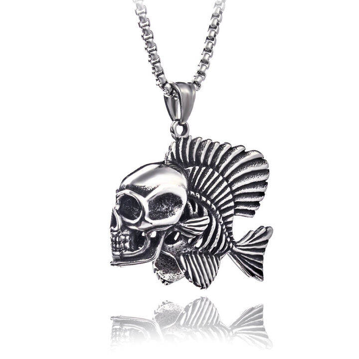 แฟชั่น NINE ฮิปฮอป Retro Skull Fishbone สแตนเลสสร้อยคอเหล็กจี้เหล็ก ...
