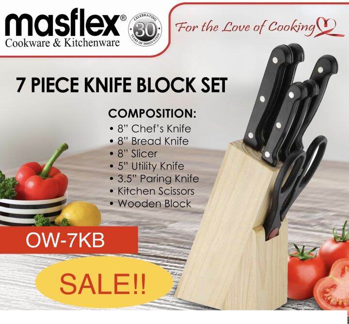 Masflex 7-Piece Stainless Steel Kitchen Knife Set with Wooden Rack OW ...