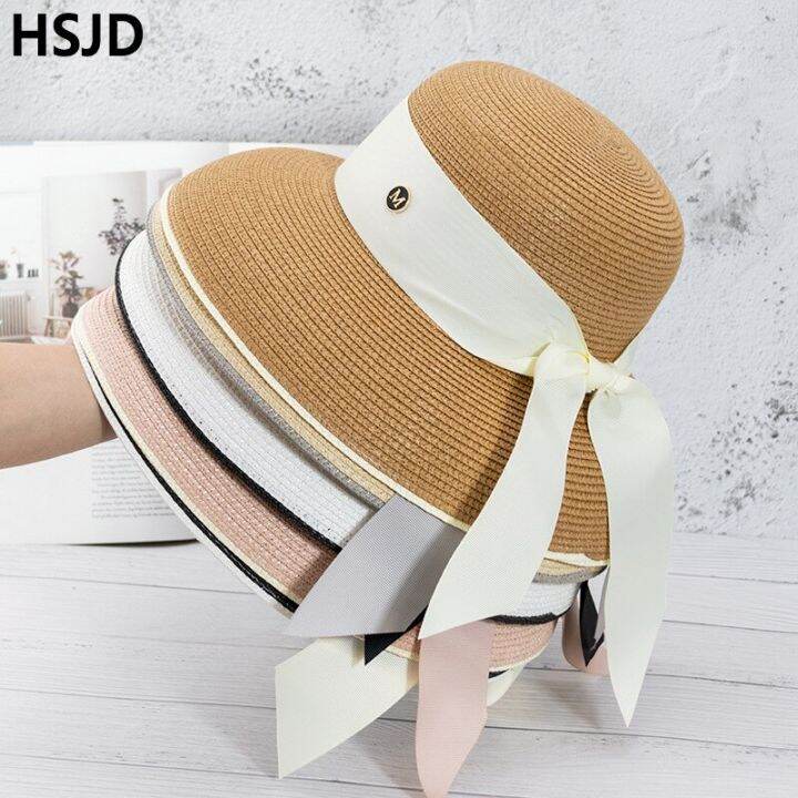 Female Elegant Silk Rion Big Bow Straw Hats Ladies Summer Travel Beach