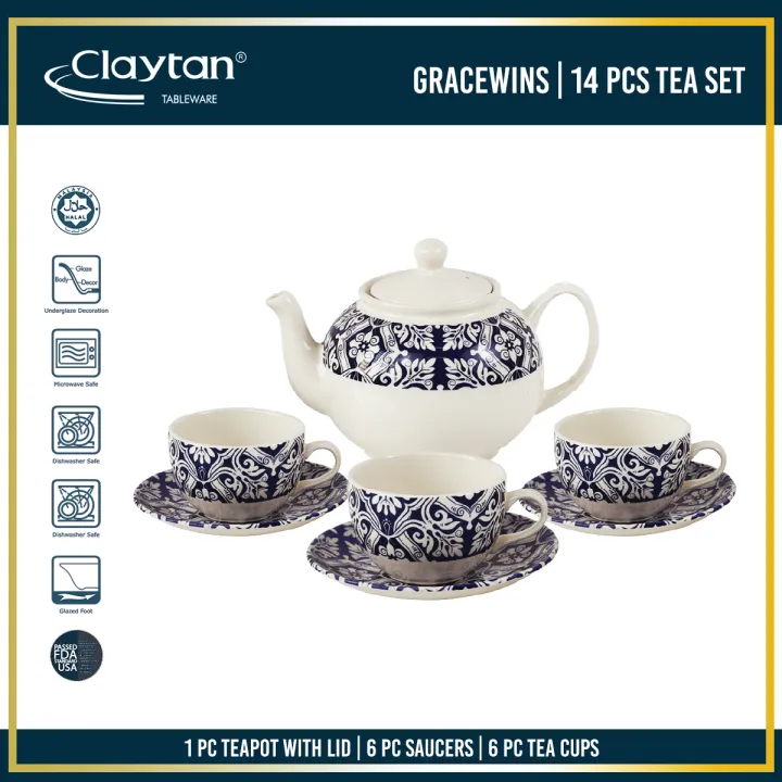 Claytan Gracewins 14 PCS Ceramic Tea Set | Lead Safe and Microwave Safe ...