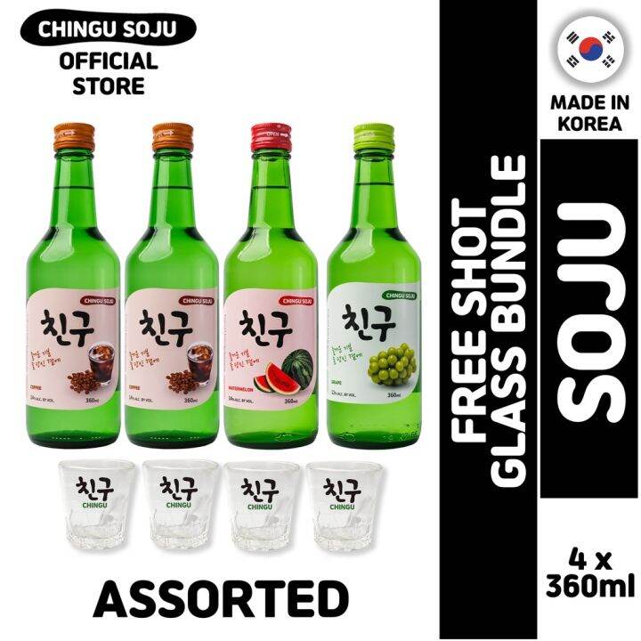 Chingu Soju Assorted Flavors 360ml 4 Bottles With 4 Soju Glasses (2 ...