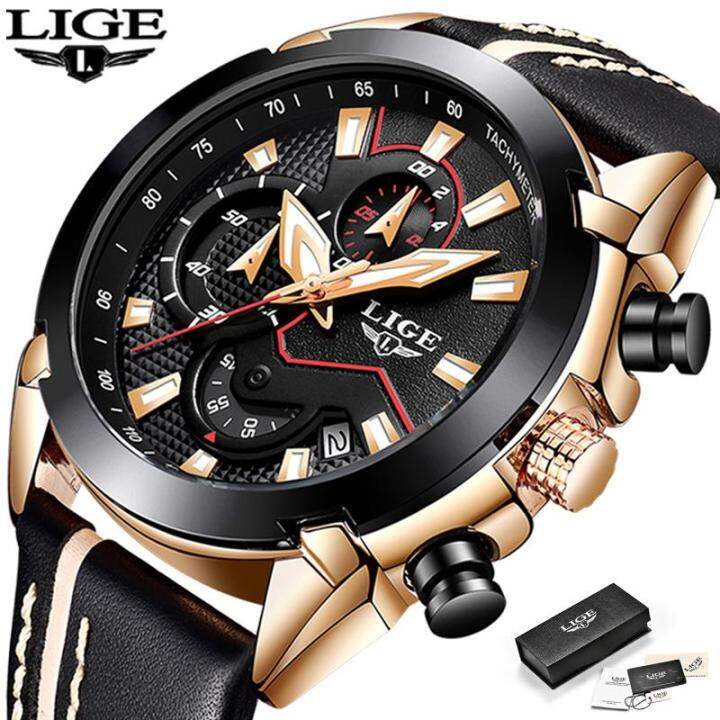 LIGE Design นาฬิกาข้อมือผู้ชายกีฬาแฟชั่นหนังปฏิทินอัตโนมัติกันน้ำควอตซ์ ...