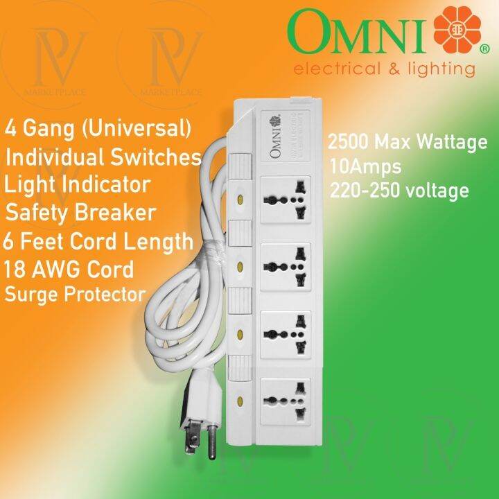OMNI Extension Cord 4gang w/ Individual Switches Safety Breaker Power ...