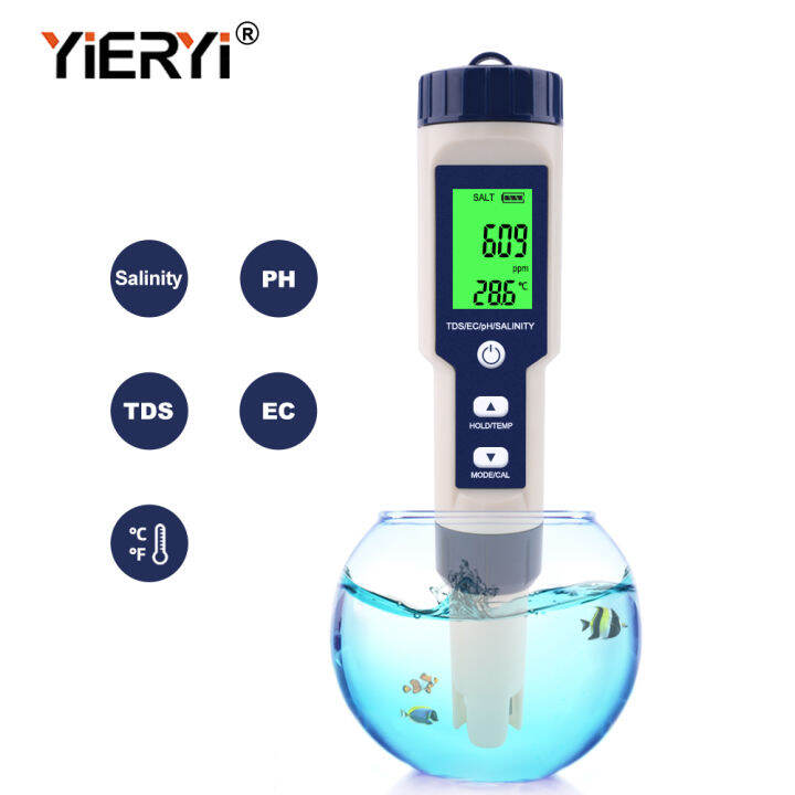 Yieryi ดิจิตอลทดสอบคุณภาพน้ำ TDS Meter PH Meter EC Meter น้ำ PH TEMP 5-In-1PH&TDS ความเค็ม ...