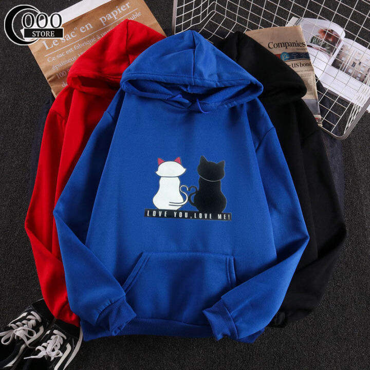 Oooo back cat lazy wind เสื้อกันหนาวหลวมผู้หญิงบวกกำมะหยี่หนามีฮู้ด ...