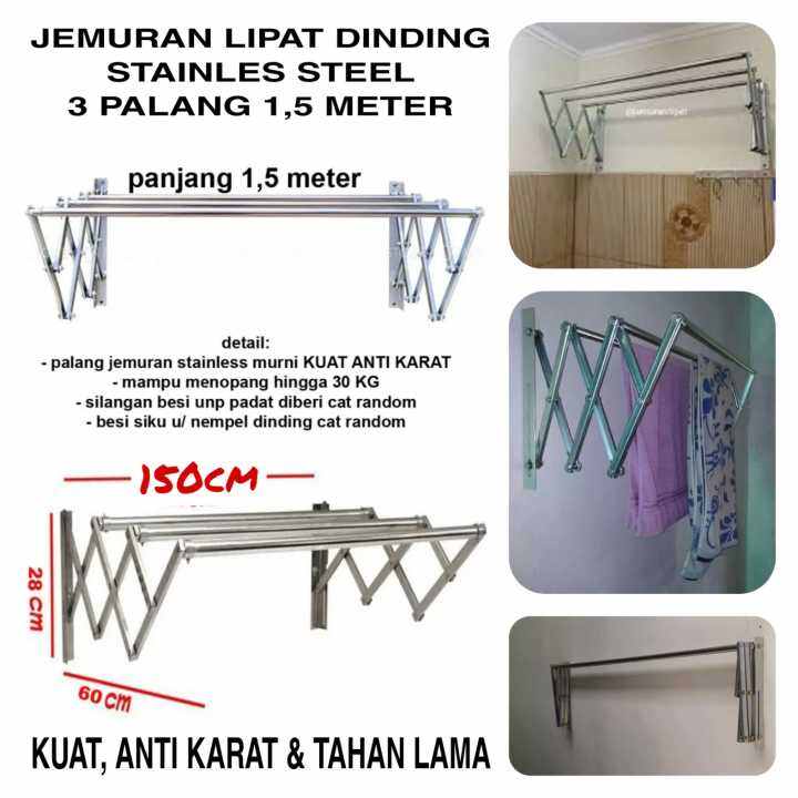 COD Jemuran Lipat Dinding 3 Palang STAINLESS STEEL Panjang 1,5 Meter ...