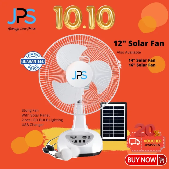 JPS Solar electric fan with charger and 2 bulbs direct 220v solar panel ...