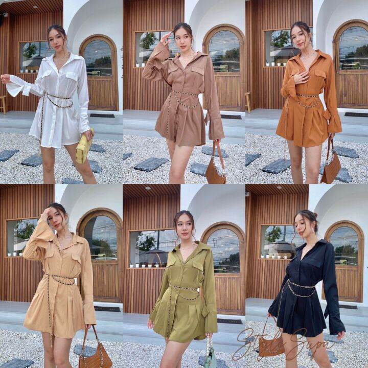 มินิเดรส เชิ้ตแขนยาว ระบายมัดเอว ซาติน_Mika.brand | Lazada.co.th