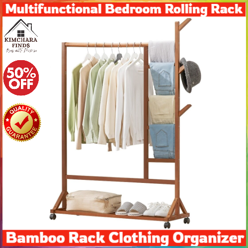 K FINDS Portable Rolling Bamboo Closet Clothes Organizer | Bamboo ...