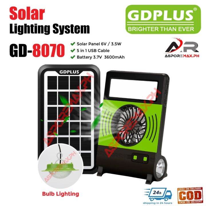 【COD】 GDPLUS GD-8070 Solar Lighting System with LED Electric Fan Warning Light Phone Charging ...