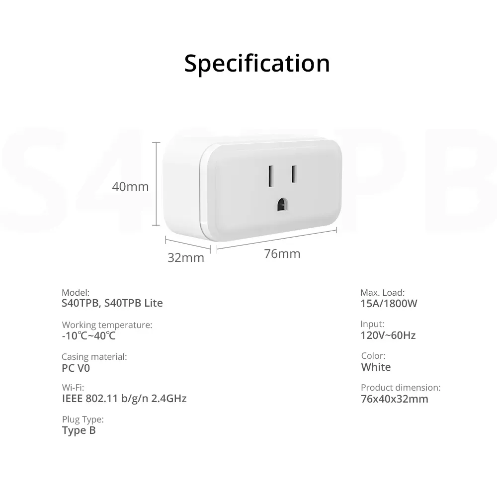 SONOFF S40/ S40 Lite 15A Smart Plug WiFi Tipe B MINI Wi-Fi, 48% OFF