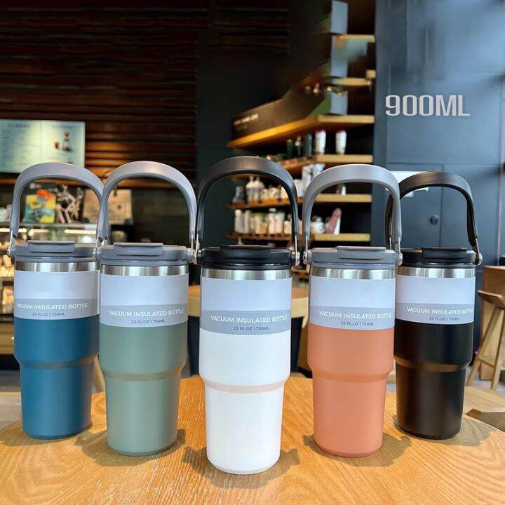 แก้วเก็บความเย็น แบบใหม่มีที่จับ หูหิ้ว แก้วกาแฟ แก้วสแตนเลส304 /900ml | Lazada.co.th